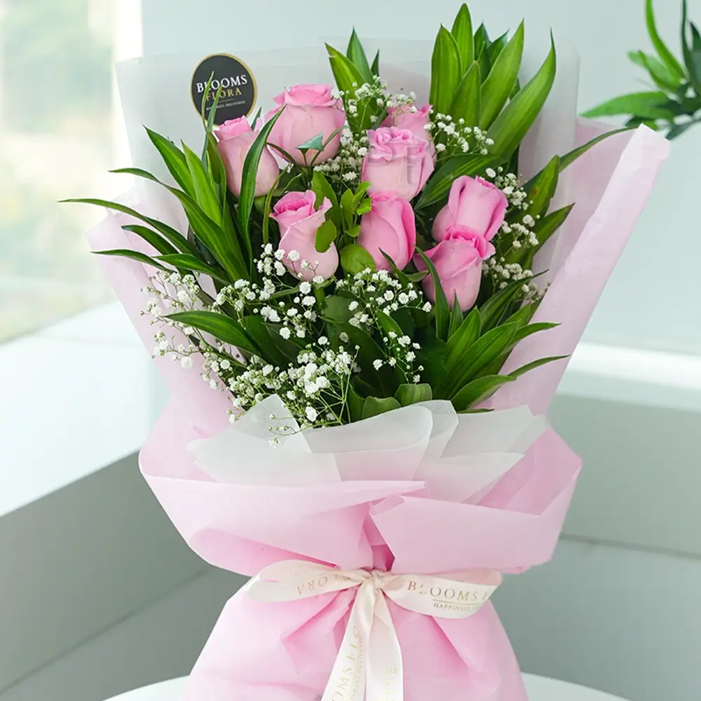 8 Pink Roses Bouquet By BloomsFlora