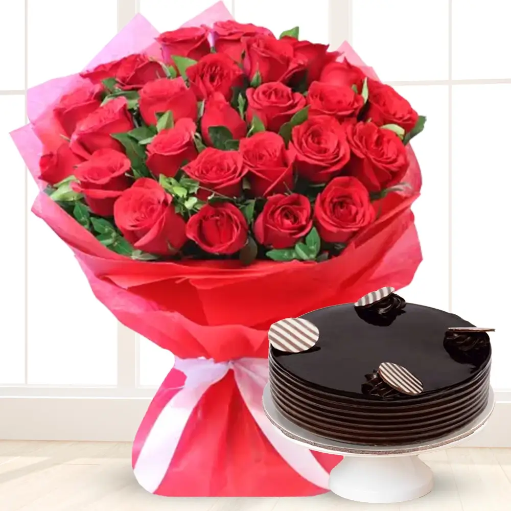 Send Bouquet of 30 Red Roses With Cake Online by Bloomsflora