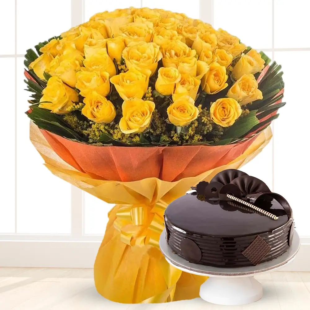 Send Bouquet of 50 Roses & Cake Online by Bloomsflora