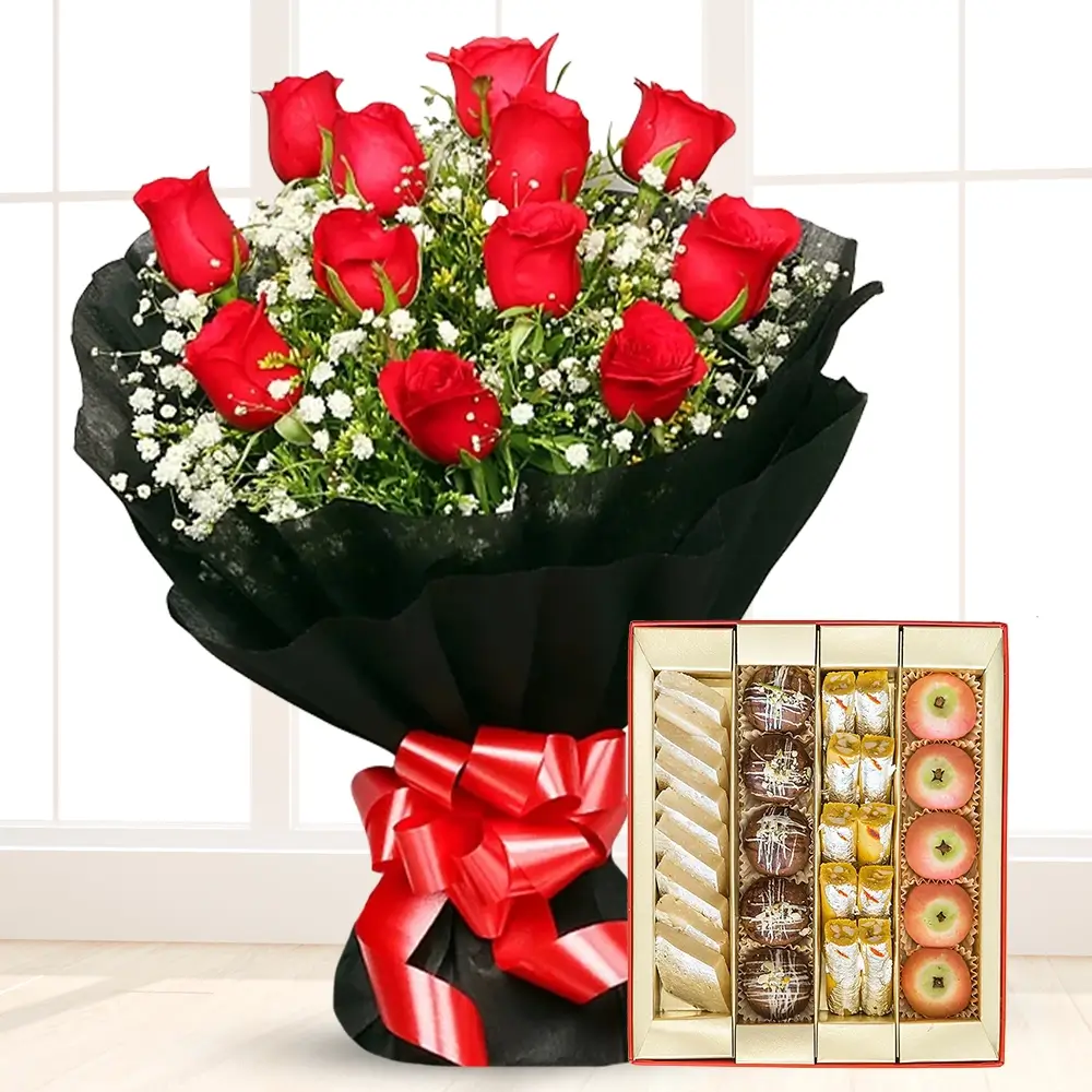 Bouquet of Red Roses & Mixed Mithai By Flowers n Fruits
