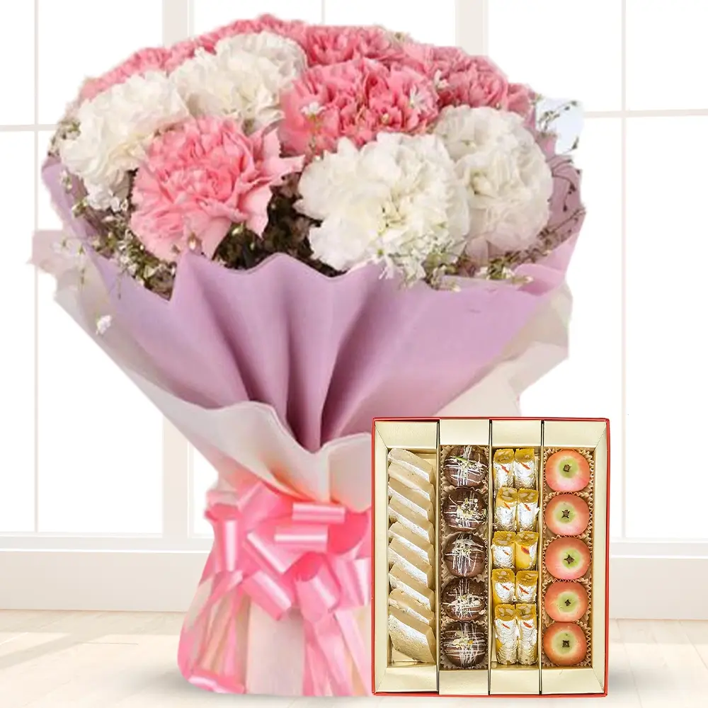 Bouquet of Carnations & Assorted Mithai By Flowers n Fruits